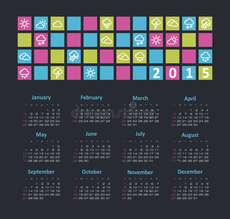 Calendar 2015 Year with Weather Icons Stock Vector - Illustration of ...