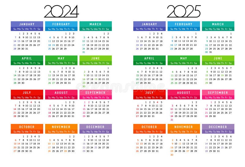 Calendar 2024 - 2025 Year, Week Start Sunday, Colored Square Months ...