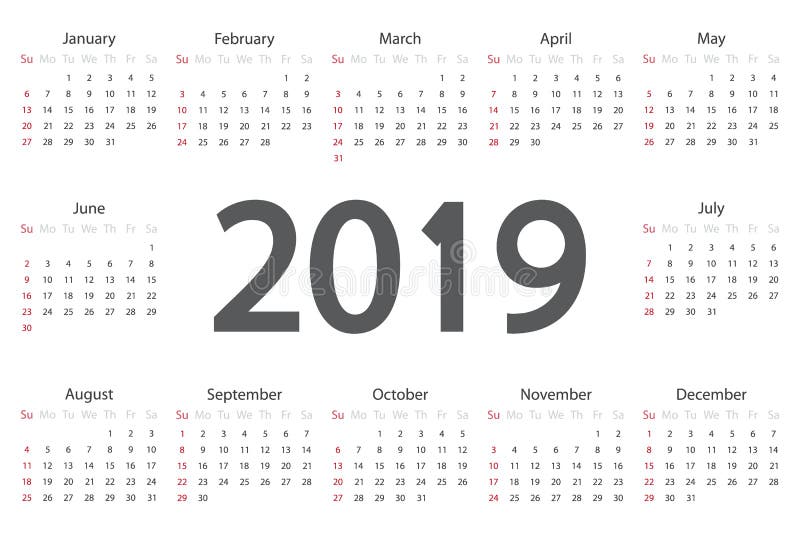 Calendar for 2019 Year. Week Starts on Sunday Stock Vector ...