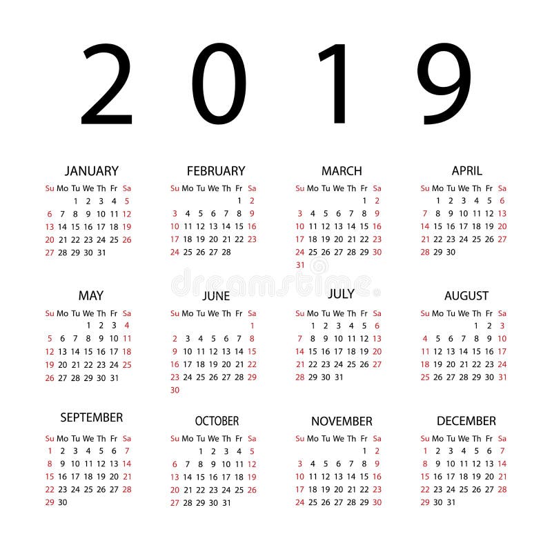 Calendar 2019 Year. Week Starts with Sunday Stock Vector - Illustration ...