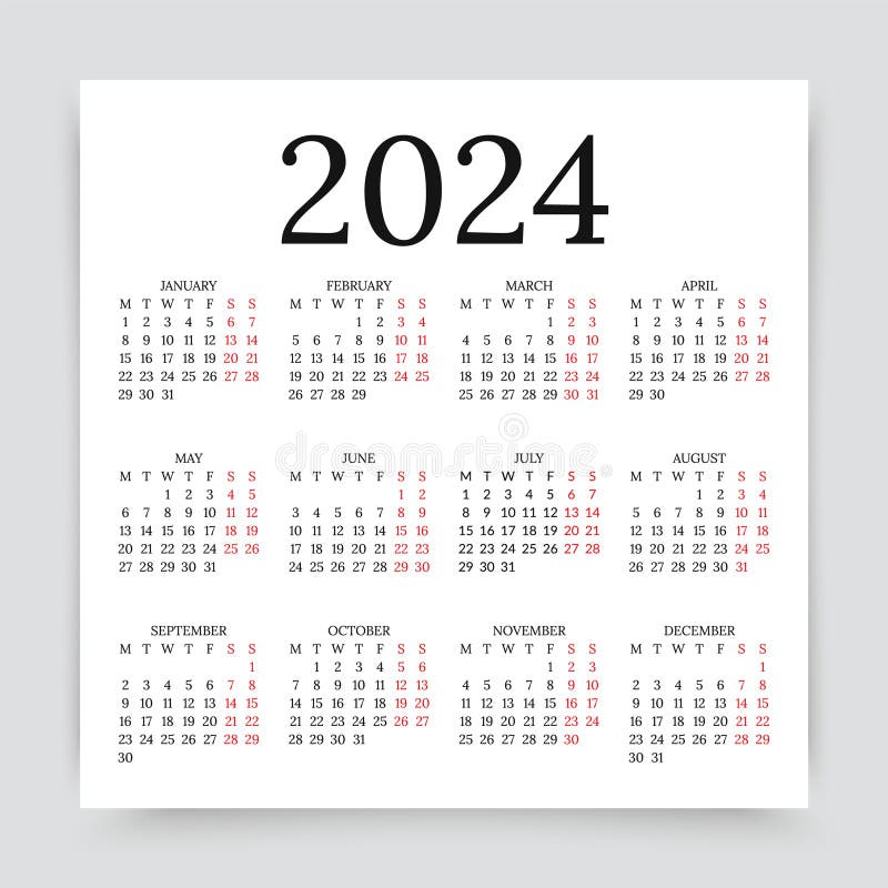 Calendar 2024. Yearly Calender Organizer. Week Starts Monday. Grid ...
