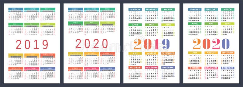 Calendar 2019, 2020 Years. Basic Vector Set. Week Starts on Sunday ...