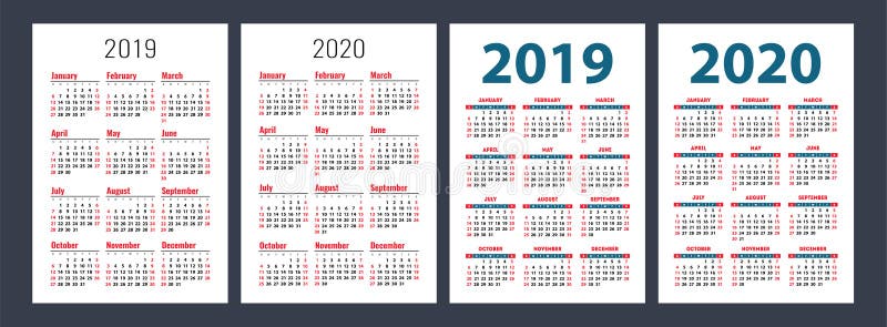 Calendar 2019, 2020 Years. Basic Vector Set. Week Starts on Sunday ...