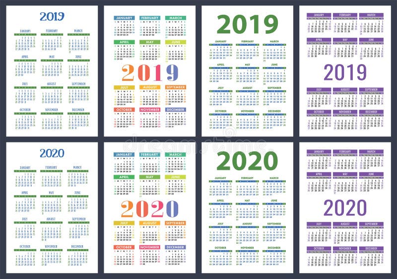 Calendar 2019, 2020 Years. Basic Vector Set. Week Starts on Sunday ...