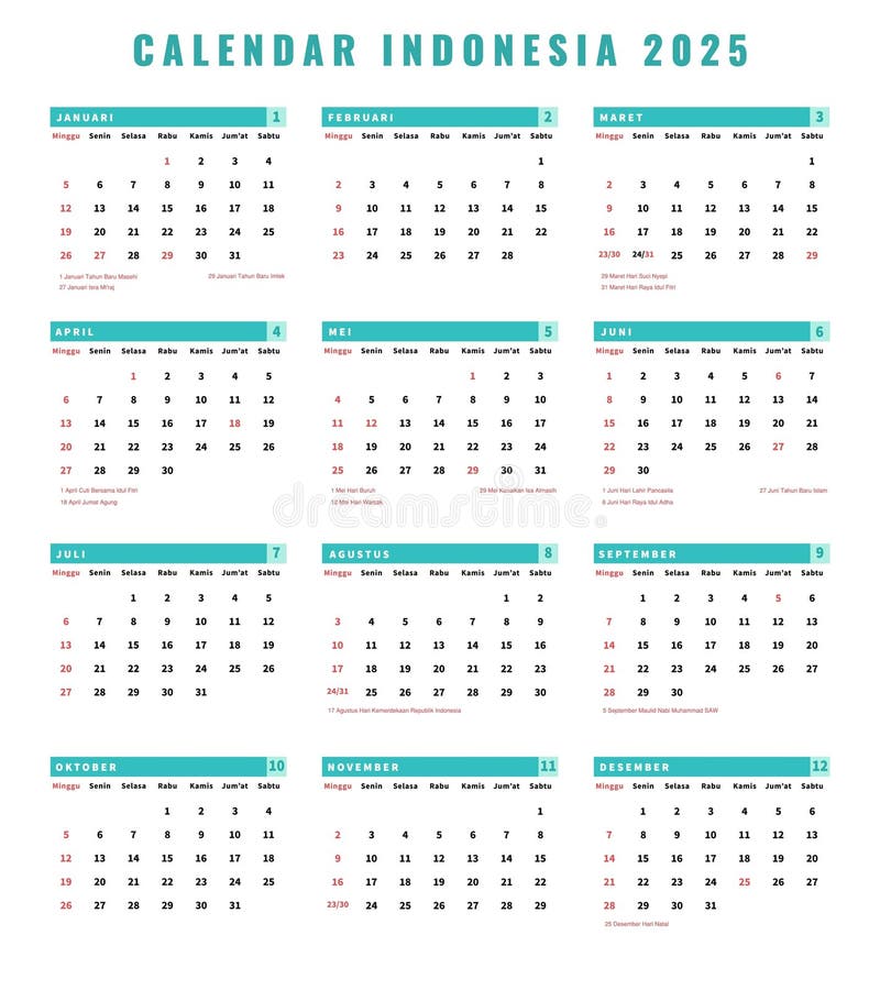 Indonesian Calendar 2025 Week Start Sunday Design Template Vector ...