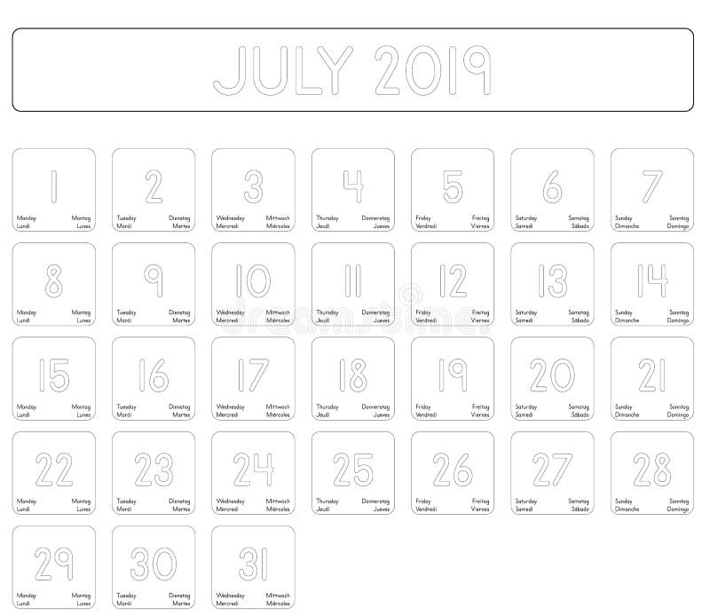 Calendario Del Mes De Julio De 2019 Ilustración del Vector ...