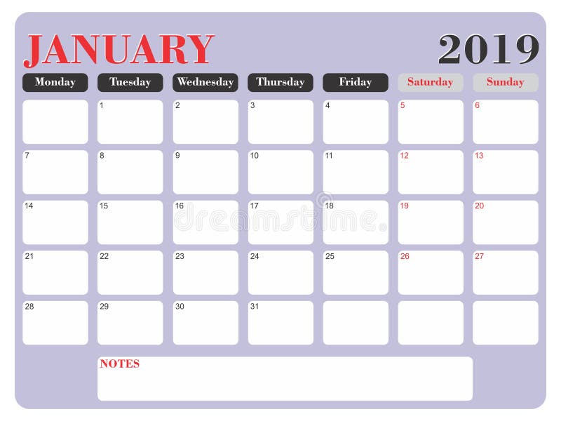 2019 Calendario Del Planificador - Vector Enero Ilustración del Vector ...