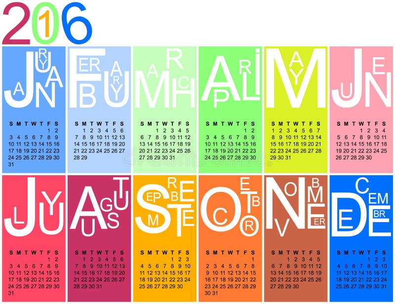 Calendario 2016 En Colores Brillantes Ilustración del Vector ...