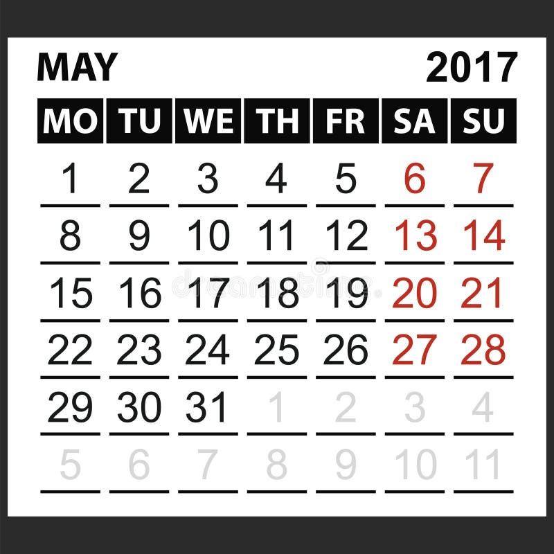 Calendario Hoja Mayo De 2017 Ilustración del Vector - Ilustración de ...