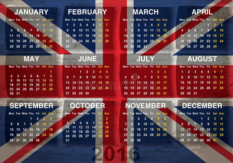 Calendario inglese 2016 illustrazione di stock. Illustrazione di evento ...