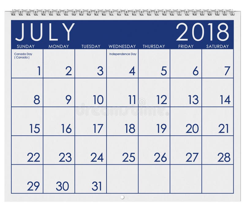 Calendario 2018: Mes De Julio Con Día De La Independencia Stock de ...