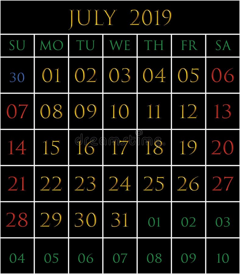 Calendario 2019 Para El Mes De Julio Ilustración del Vector ...