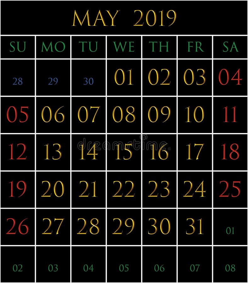 Calendario 2019 Para El Mes De Mayo Ilustración del Vector ...