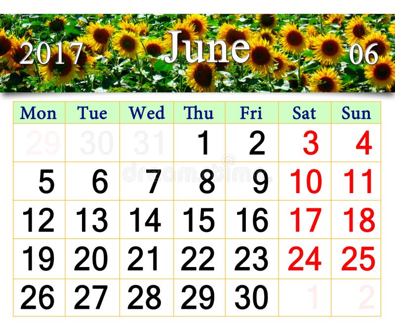 Calendario Para Junio De 2017 Con Los Girasoles Amarillos Imagen de ...