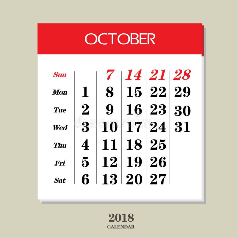 En Octubre De 2018 Hoja Del Calendario - Ejemplo Stock de ilustración ...