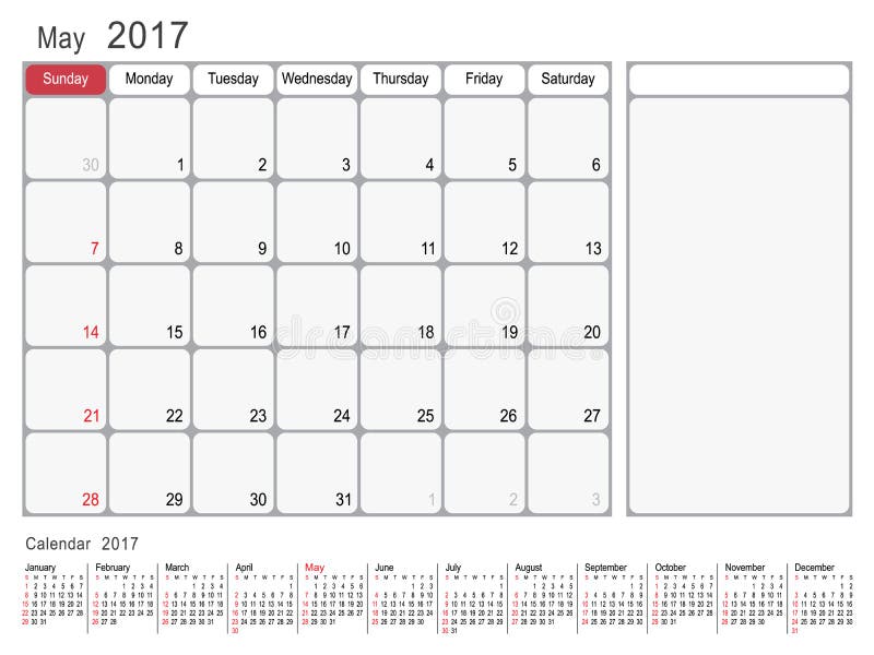 Calendario Planificador Mayo De 2017 Ilustración del Vector ...