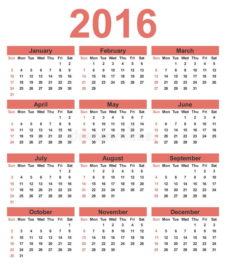 Calendario Simple 2016 Comienzo De La Semana El Domingo Ilustración del ...