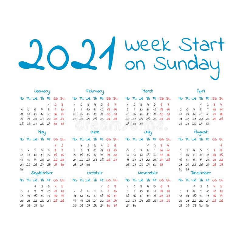 El Calendario Simple De 2021 Años, Semanas Comienza El Domingo ...