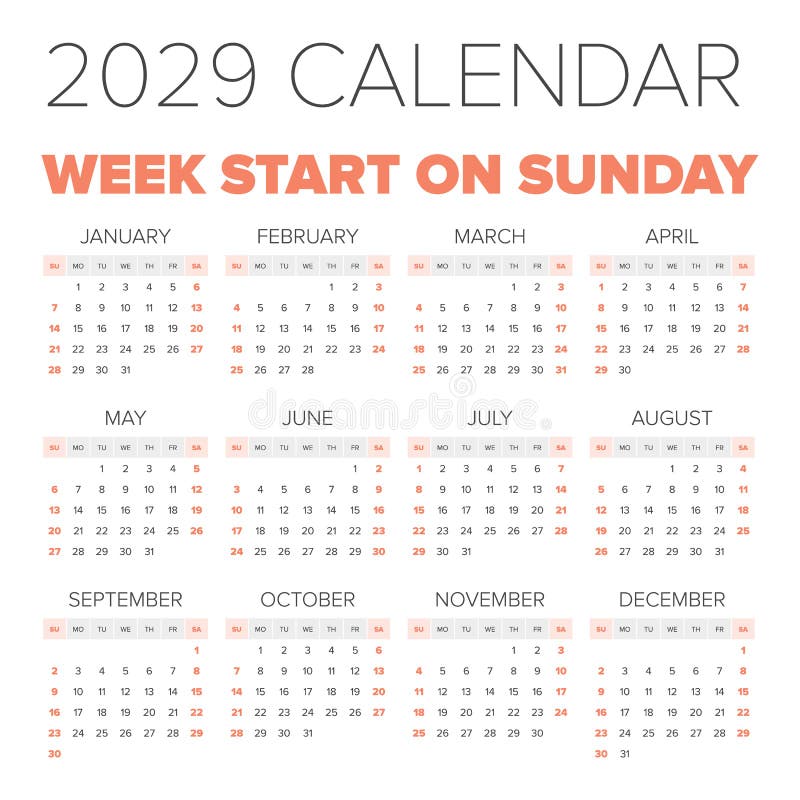 Calendario Vectorial Simple De 2029. Las Semanas Empiezan El Lunes ...