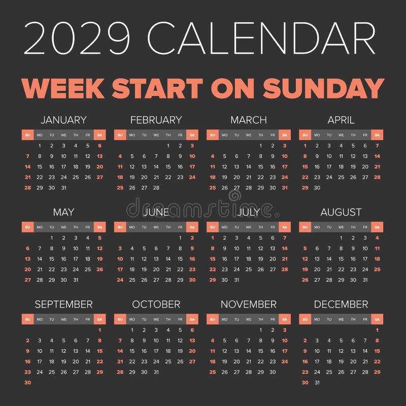 Calendario Vectorial Simple De 2029. Las Semanas Empiezan El Lunes ...