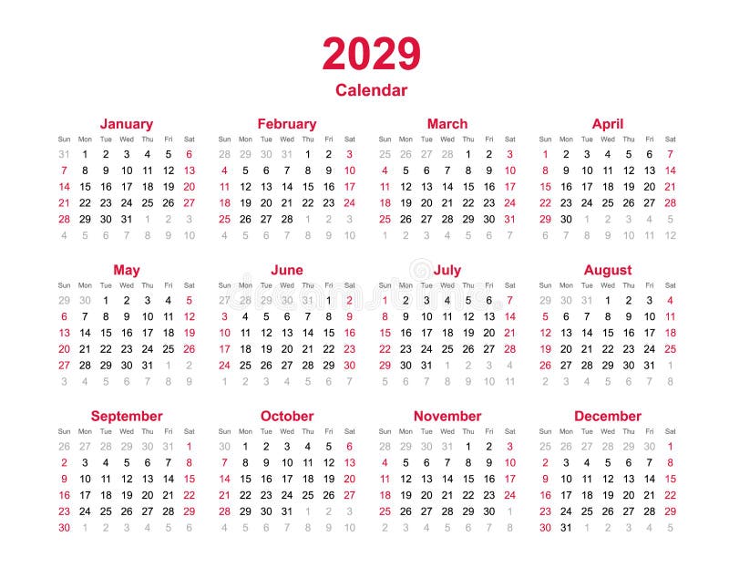 Calendario 2029 Calendario Vectorial Anual De 12 Meses Del Año 2029 ...