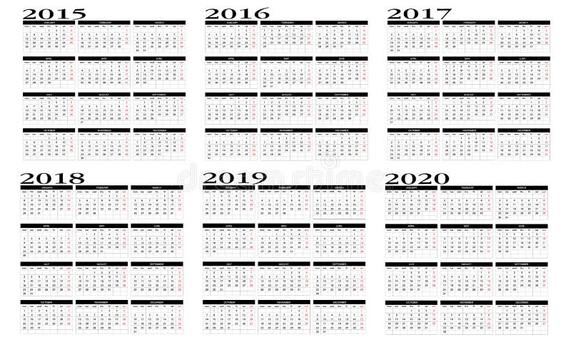 Calendrier 2015 2016 2017 2018 2019 2020 Illustration de Vecteur ...
