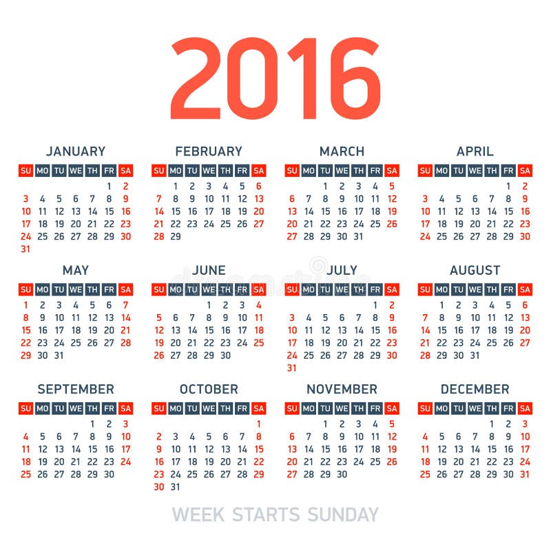 Calendrier 2016 illustration de vecteur. Illustration du mensuel - 61052059