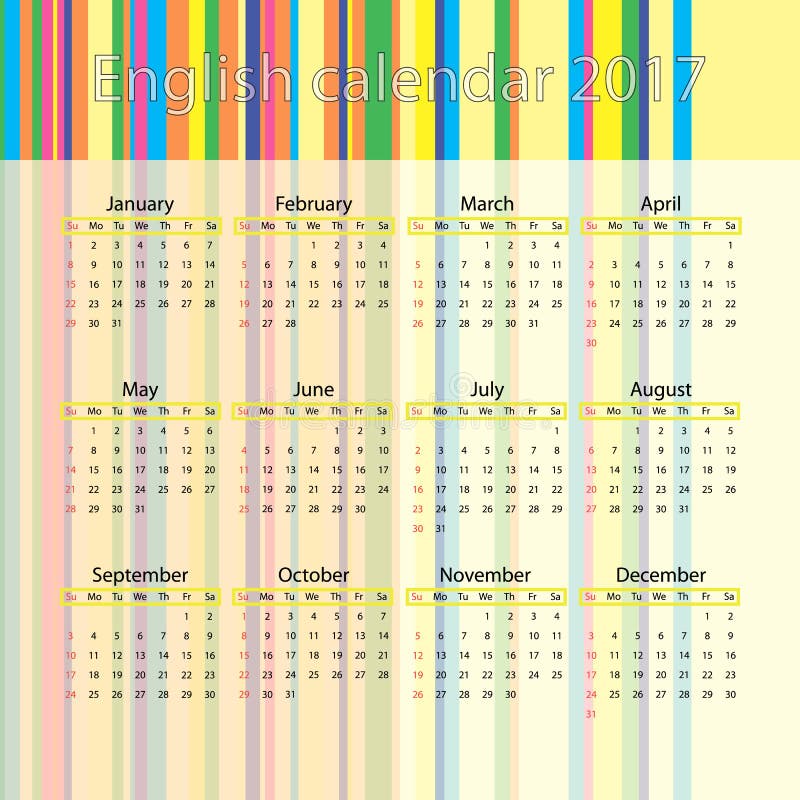 Calendrier anglais 2017 illustration de vecteur. Illustration du noël ...