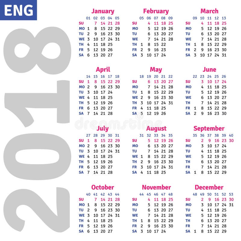 Calendrier anglais 2018 illustration de vecteur. Illustration du ...