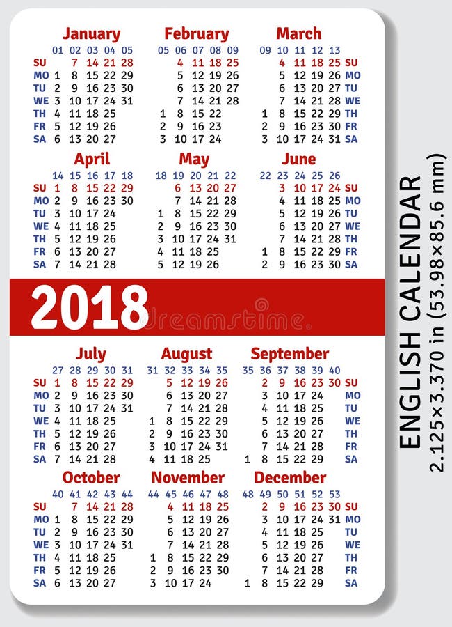 Calendrier Anglais De Poche Pour 2018 Illustration de Vecteur ...