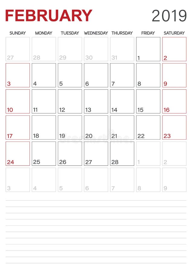 Calendrier Anglais - Février 2019 Illustration de Vecteur ...