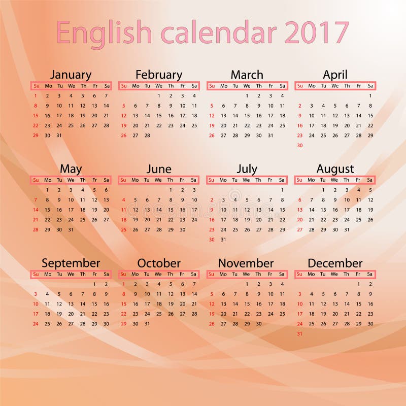 Calendrier Anglais 2017 Sur Le Fond Rouge Illustration de Vecteur ...