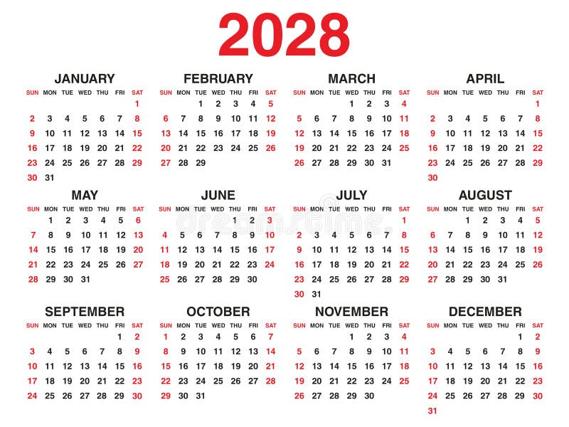 Calendrier 2028 Année Vectorielle Jeu D'illustrations De 12 Calendrier ...