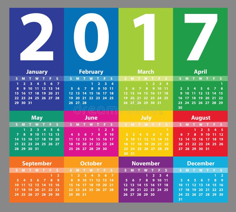 Calendrier 2017 De Couleur à Partir De Dimanche Illustration de Vecteur ...