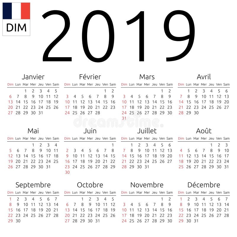 Calendrier 2019, Français, Dimanche Illustration de Vecteur ...