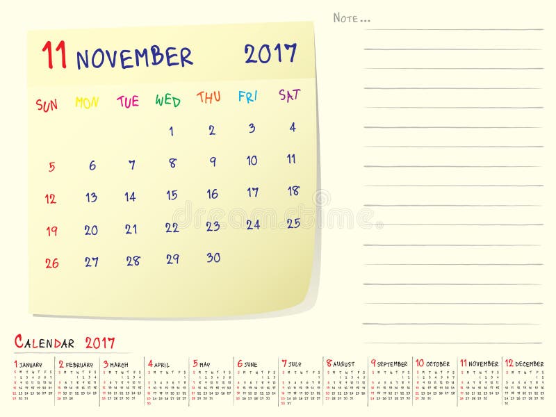 Calendrier Note En Novembre 2017 De Papier Illustration de Vecteur ...