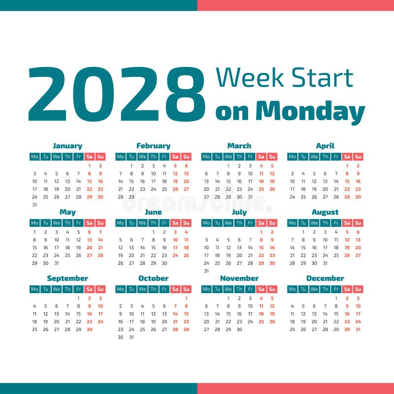 Calendrier Simple De 2028 Ans Illustration de Vecteur - Illustration of ...