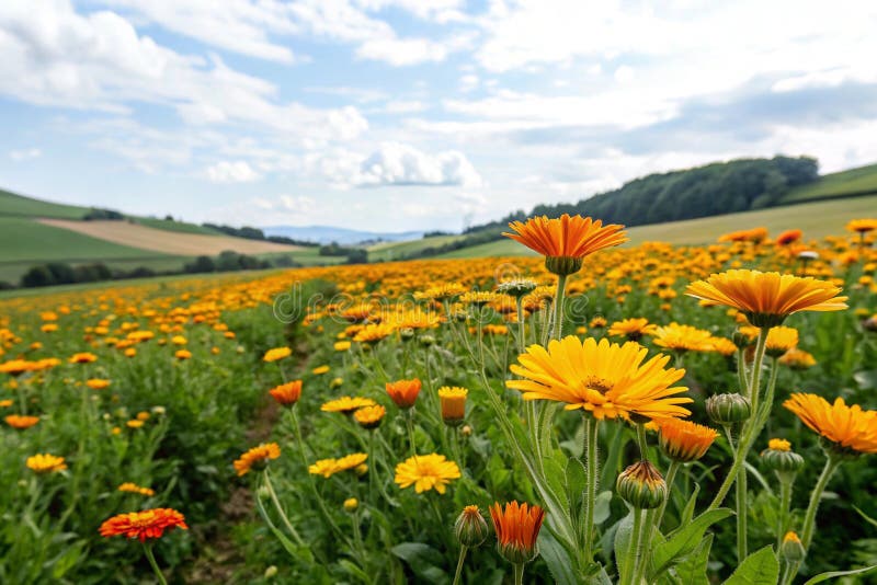 Calendula Flower Field in Bloom Stock Illustration - Illustration of ...