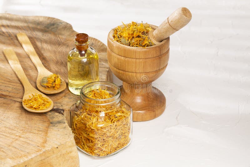 Calendula Officinalis - Calendula Oil in a Glass Bottle Stock Image ...