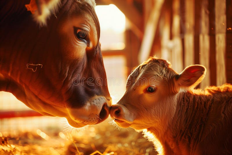 Calf and Cow Touching Noses in a Warm Lit Barn Stock Photo - Image of ...