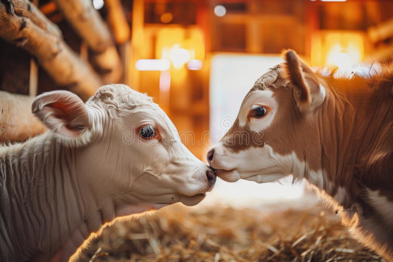 Calf and Cow Touching Noses in a Warm Lit Barn Stock Image - Image of ...