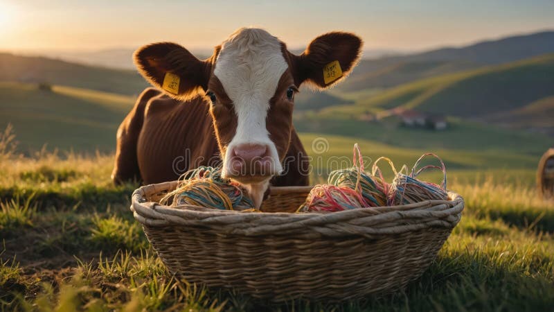 Adorable Calf and Colorful Yarn in a Rustic Basket at Sunset Stock ...