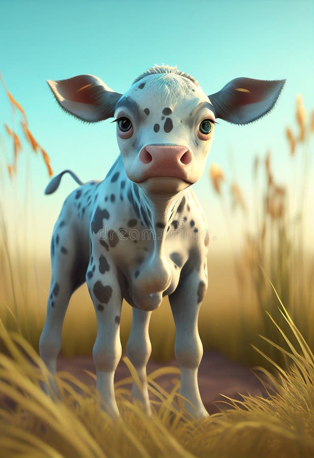 Calf Looking through the Blue Grass of the Prairie, Cartoon Style. AI ...