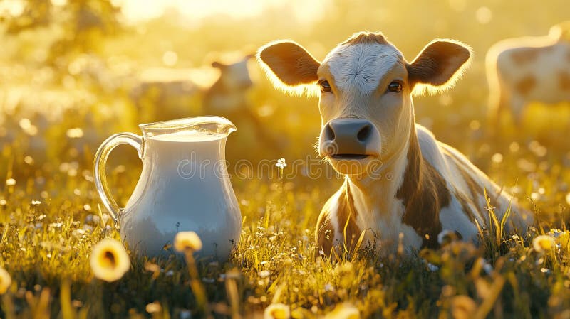 Calf Resting in Sunlit Meadow with Fresh Milk Stock Photo - Image of ...