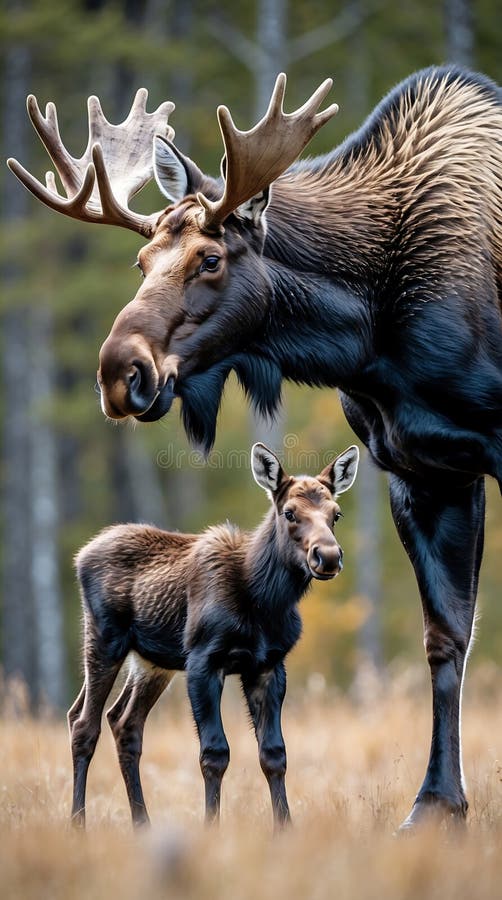 Moose and Calf Standing Together in a Natural Setting during Daytime ...