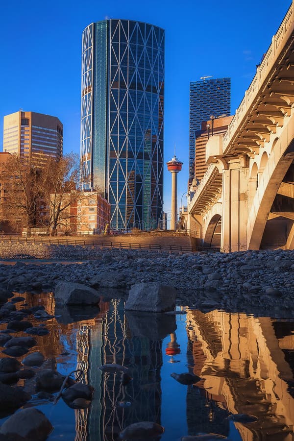 Calgary Buildings Reflecting in the Bow River Stock Photo - Image of ...