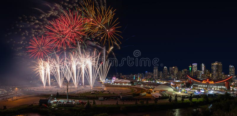 Fireworks Over City Skyline in Calgary, Alberta, Canada Stock Photo ...