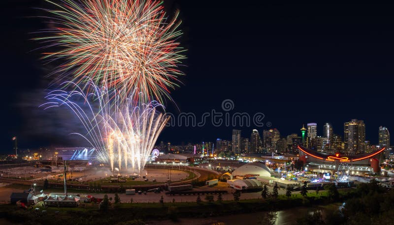 Calgary Stampede Fireworks Over Downtown City Skyline Editorial Image ...