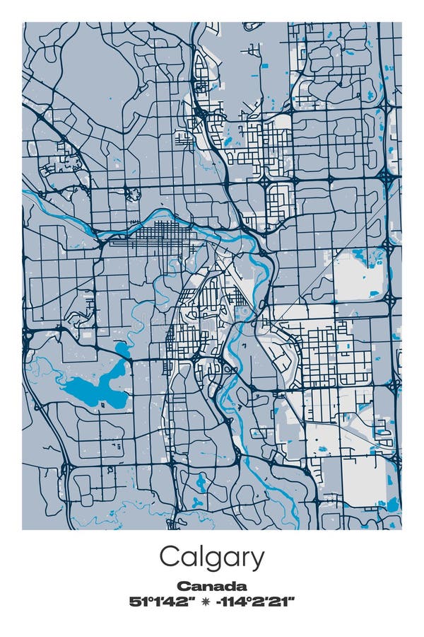 Calgary, Canada - Vector Map of City in Blue, Gray, Yellow, Olive ...
