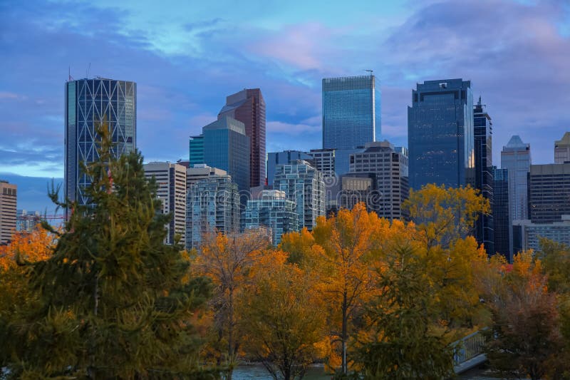 Calgary City Skyline during Autumn Time Under Twilight Editorial Stock ...